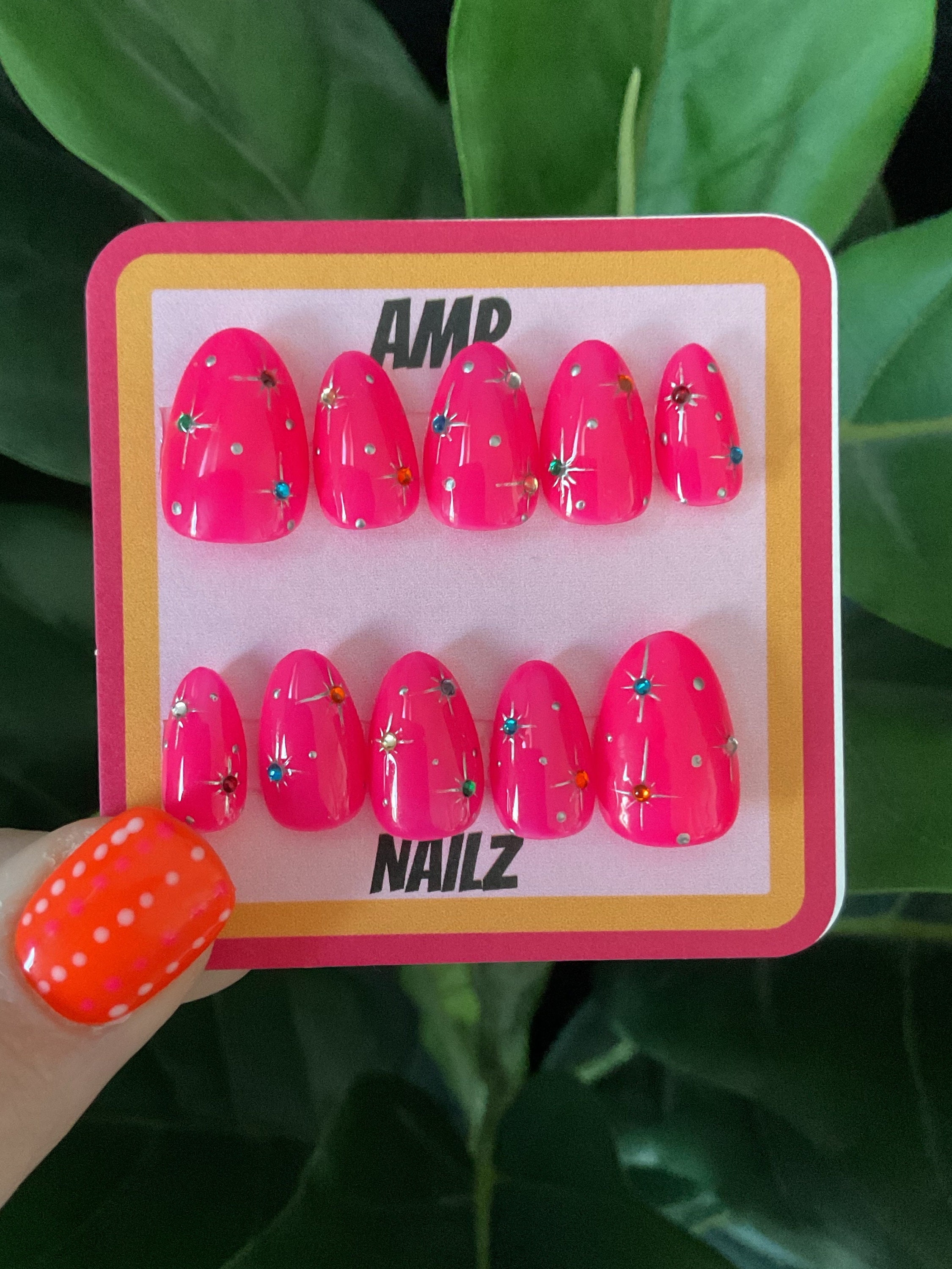 Hand Painted Neon Pink Starburst Press on Nails,gel Nails, Star Nails ...