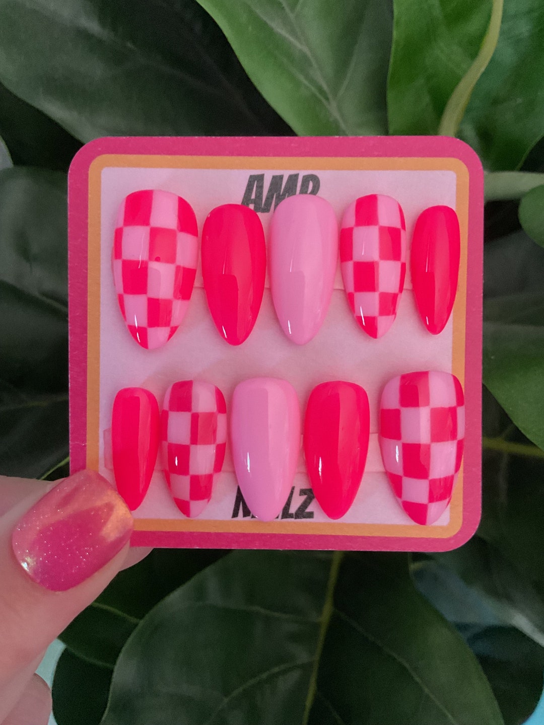 Hand Painted Pink Checkered Mismatched Press on Nails,checkered Nails ...