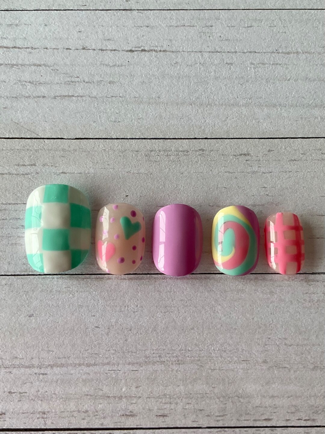 Hand Painted Colorful Pastel Mismatch Swirl Heart Press on Nails ...