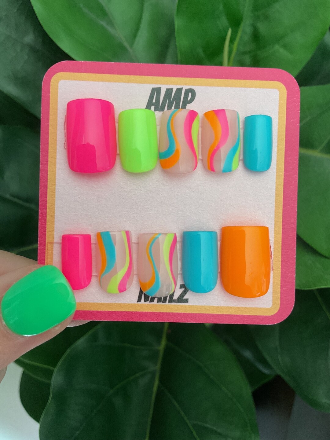 Hand Painted Neon Colorful Custom Press on Nails, Spring Nails,pink ...
