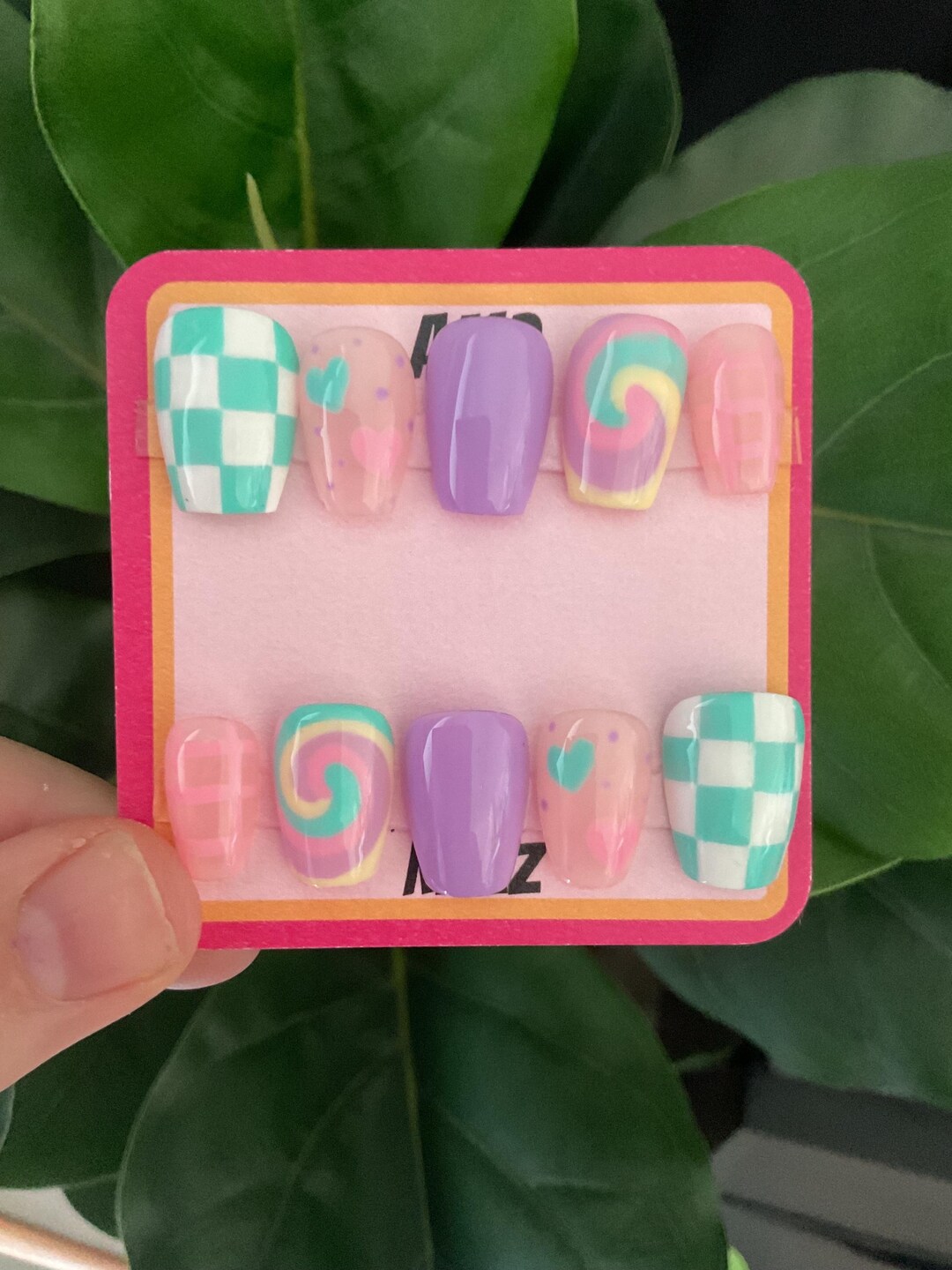 Hand Painted Colorful Pastel Mismatch Swirl Heart Press on Nails ...