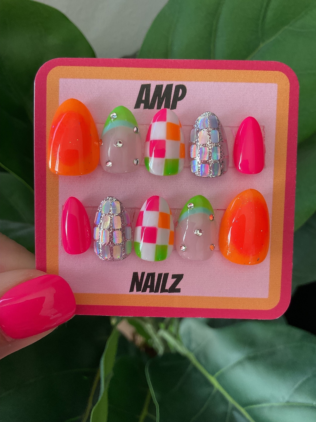 Hand Painted Colorful Neon Press on Nails, Mismatched Nails ...