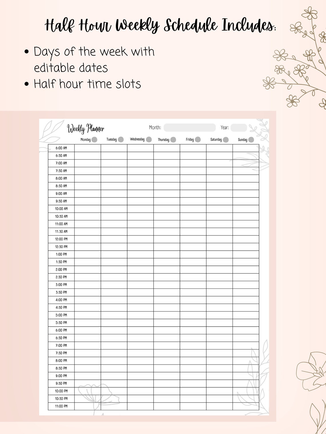 Printable Weekly Planner, Student Planner, Half Hour, Digital Download ...