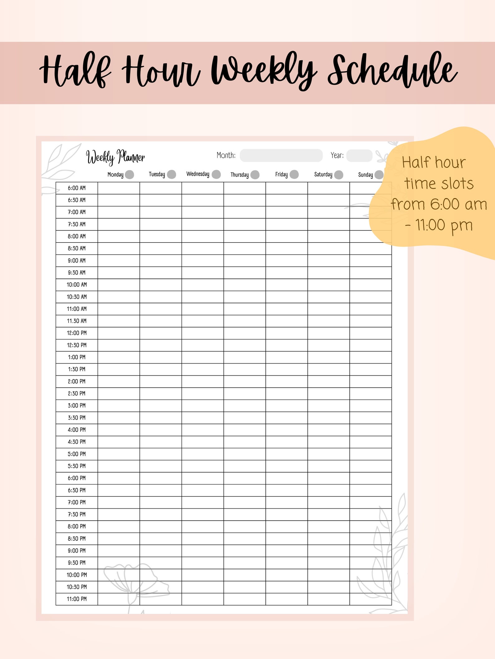 Printable Weekly Planner, Student Planner, Half Hour, Digital Download ...
