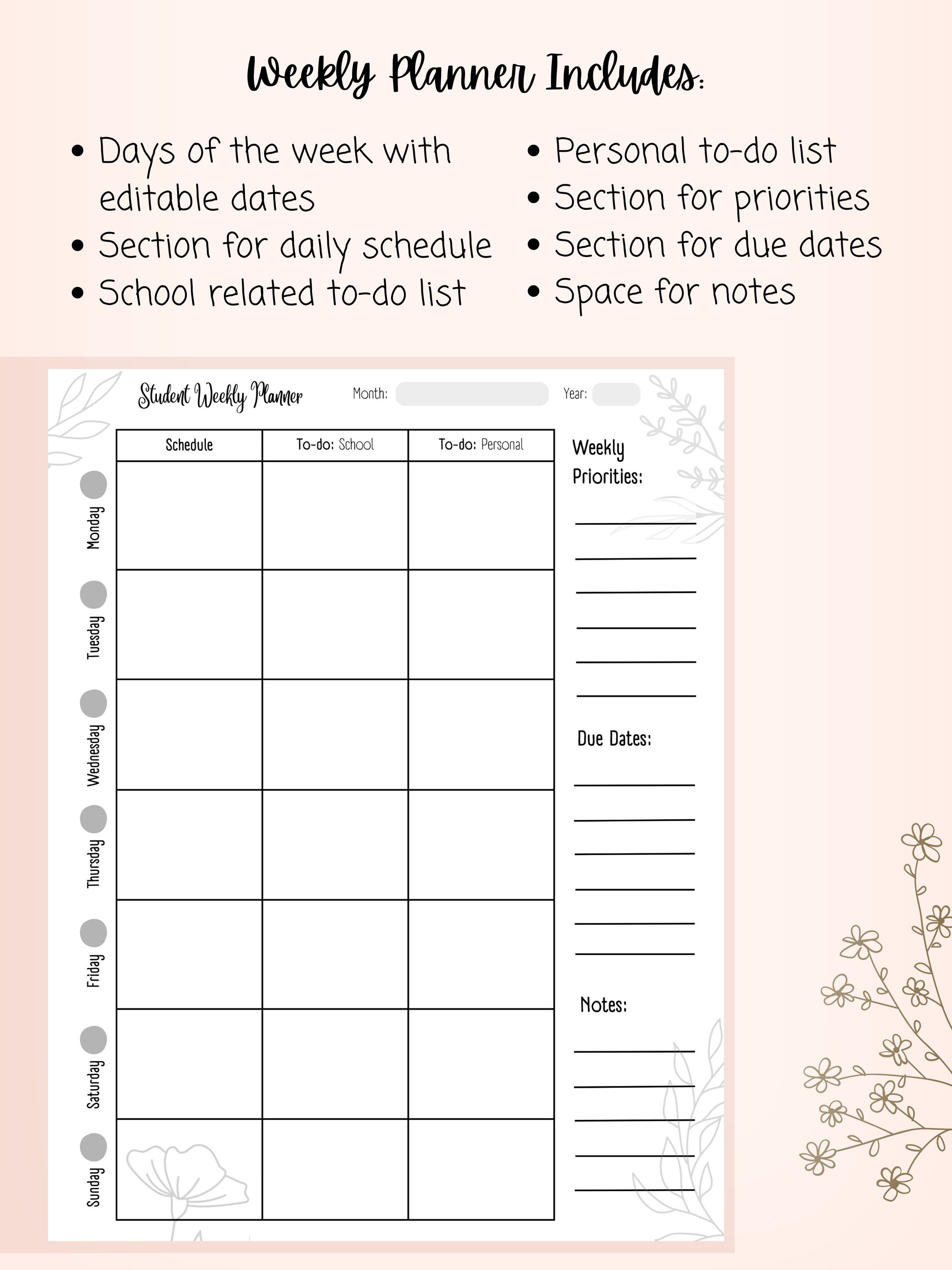 Printable Weekly Planner, Student Planner, Half Hour, Digital Download ...