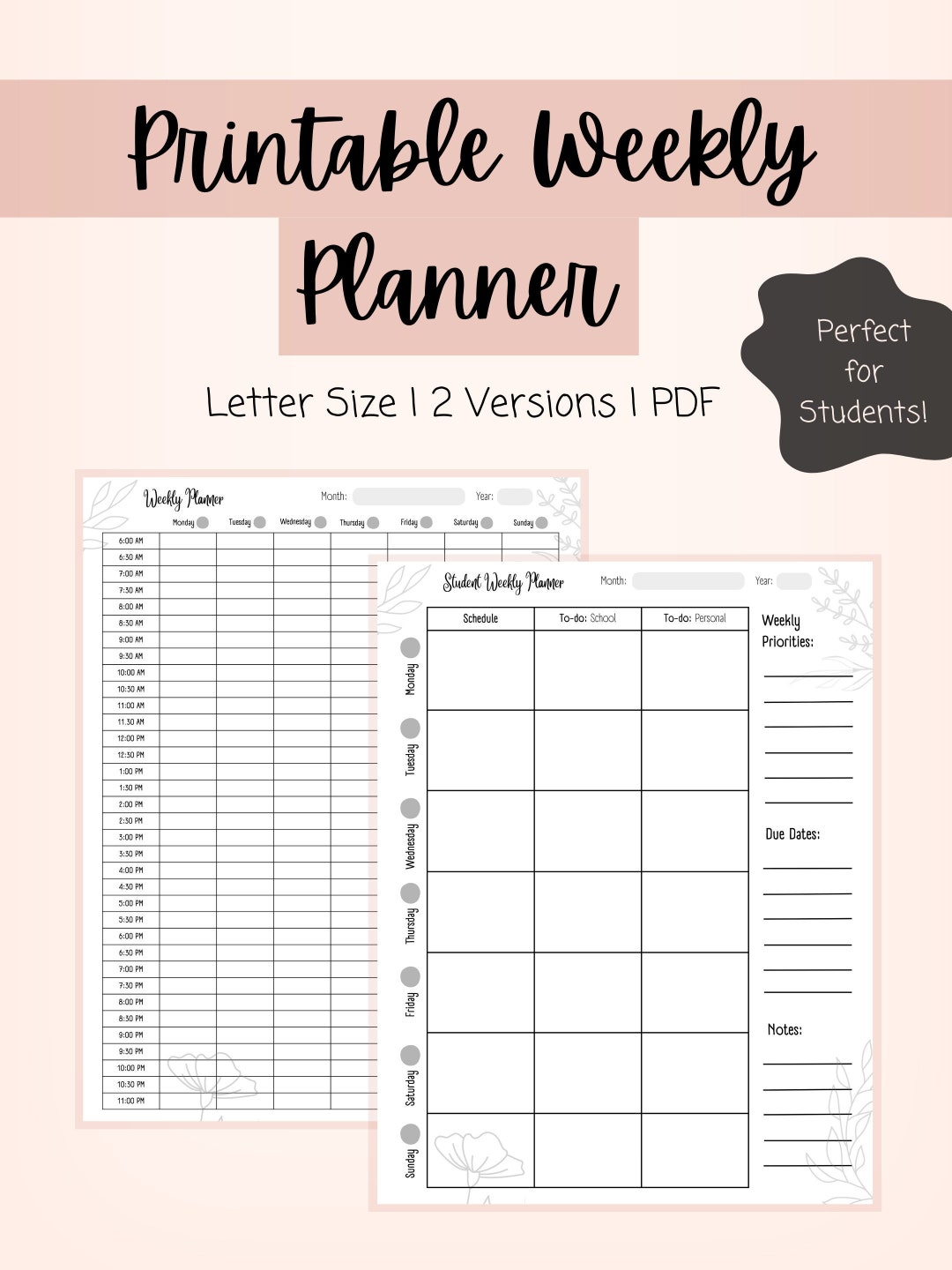 Printable Weekly Planner, Student Planner, Half Hour, Digital Download ...