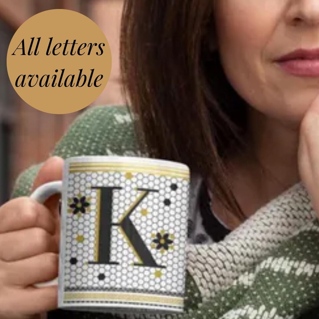 Monogrammed Bistro Tile Mug: Custom Initial Coffee Cup (letters K-S) - Etsy