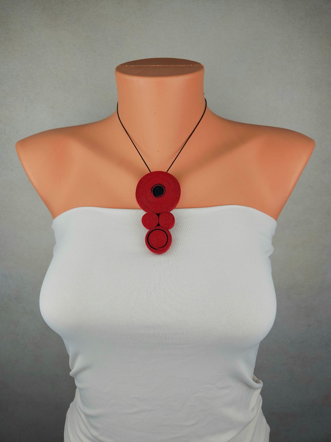 Red Long Geometric Fabric Pendant, Light and Comfortable Cloth Necklace ...