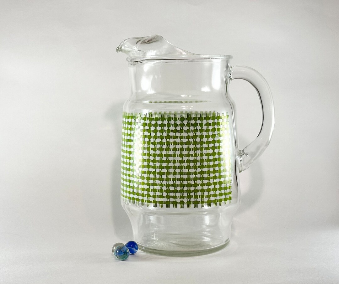 Vintage Anchor Hocking Drink Pitcher Green White Check Plaid - Etsy