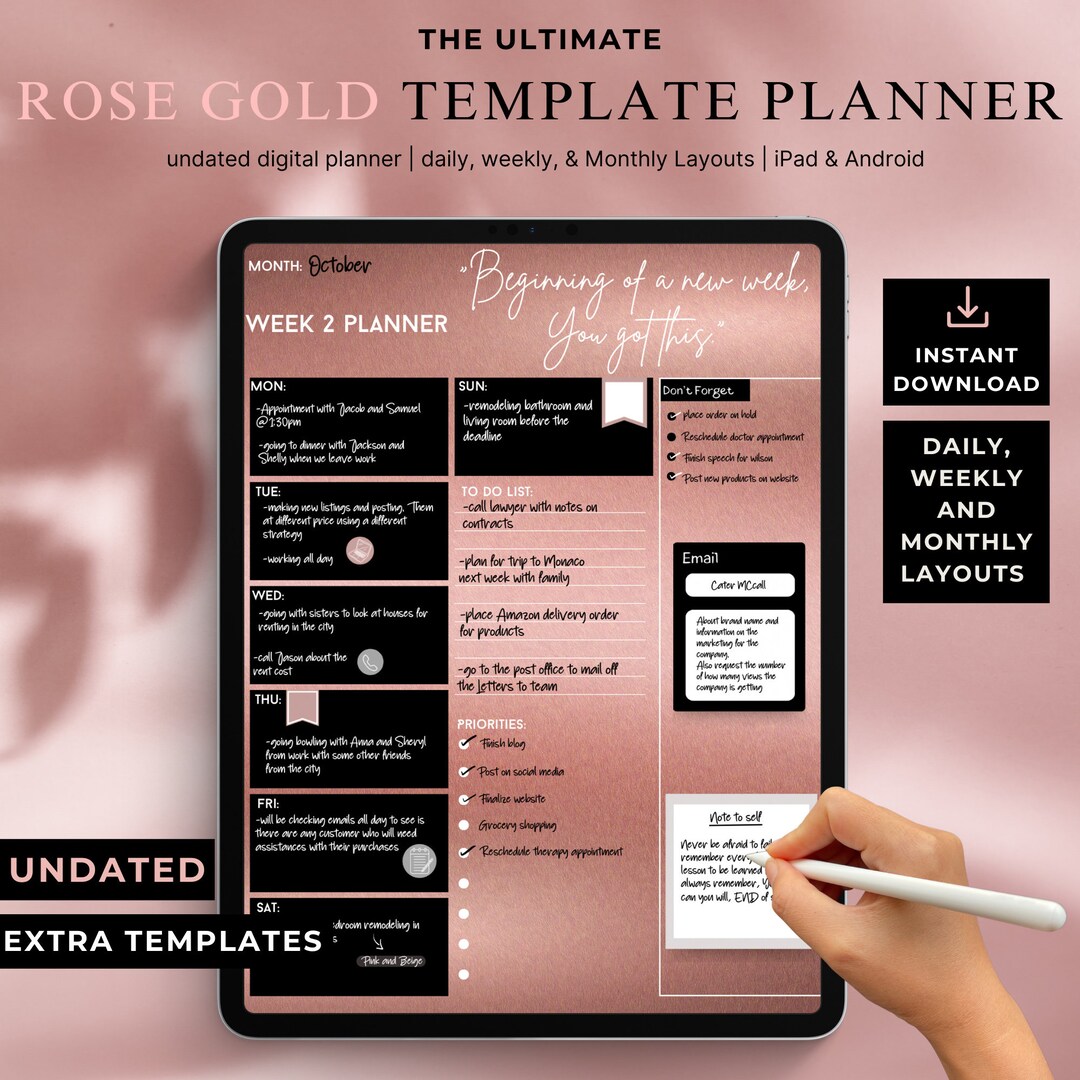 Rose Gold Digital Planner Template Goodnotes Monthly Calendar Weekly ...