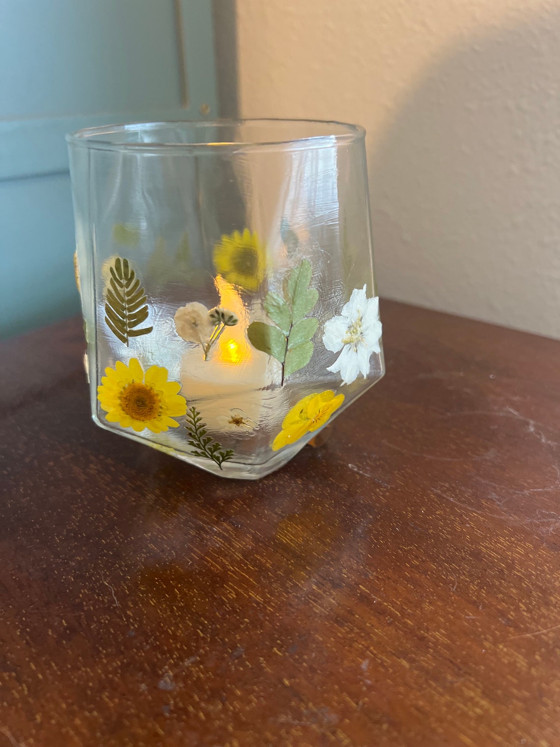 Glass Candle Votive With Dried Flowers Decoupage; Glass Jar With ...