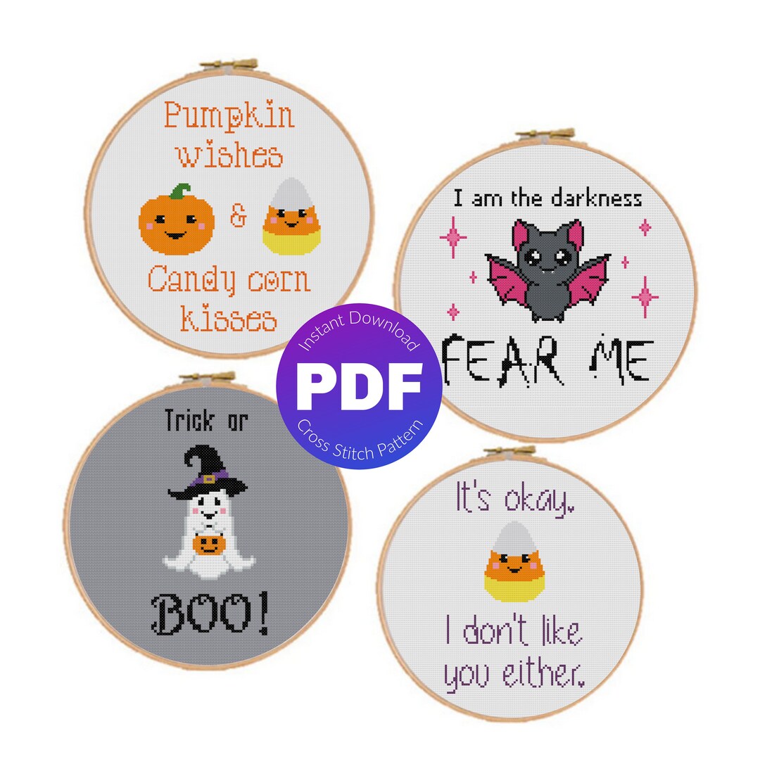 Set of 4 Cross Stitch Patterns, Halloween Cuteness Bundle - Cute Bat ...