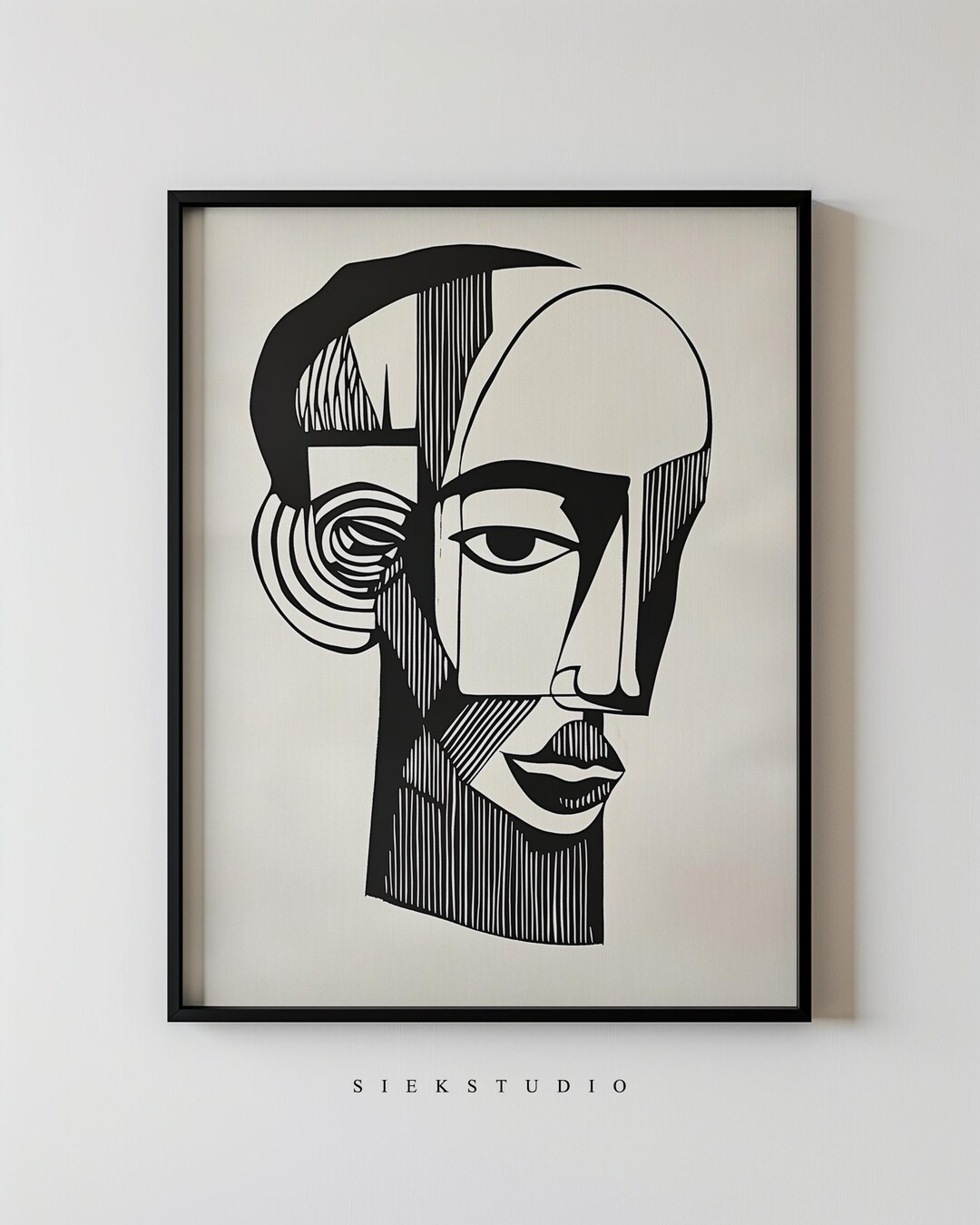 Abstract Cubist Face Portrait Wall Art Black and White Modern Line Art ...