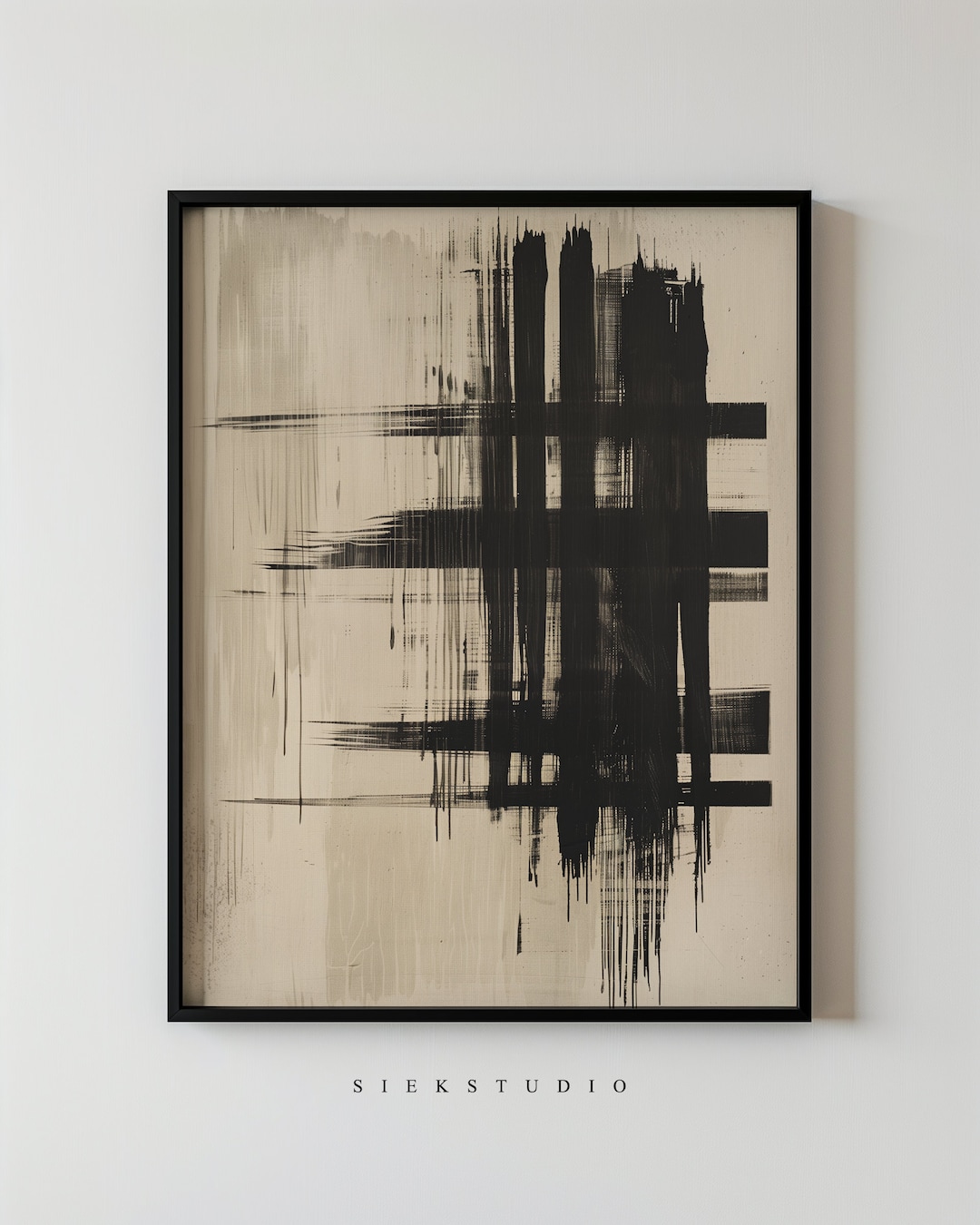 Geometric Abstract Line Art, Black Lines on Beige, Minimalist Brush ...