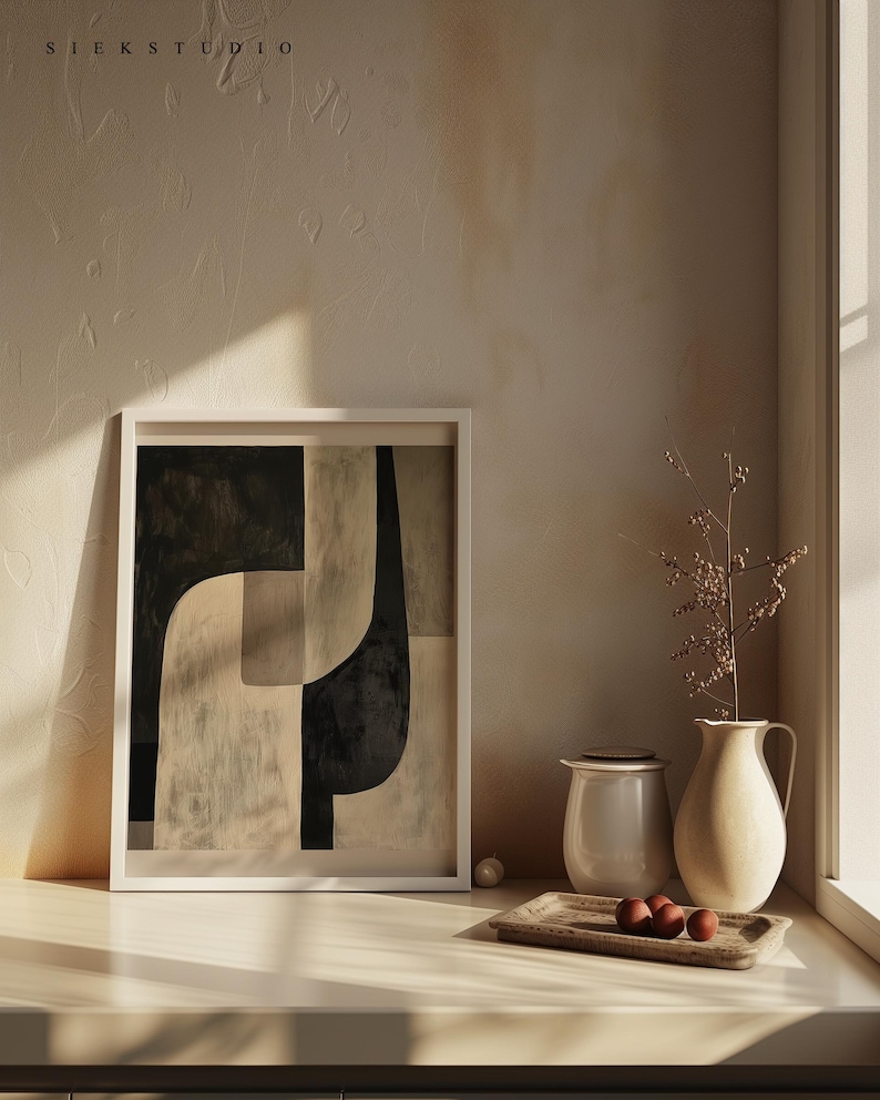 Modern Geometric Abstract Wall Art Minimalist Black, Beige, and Neutral ...