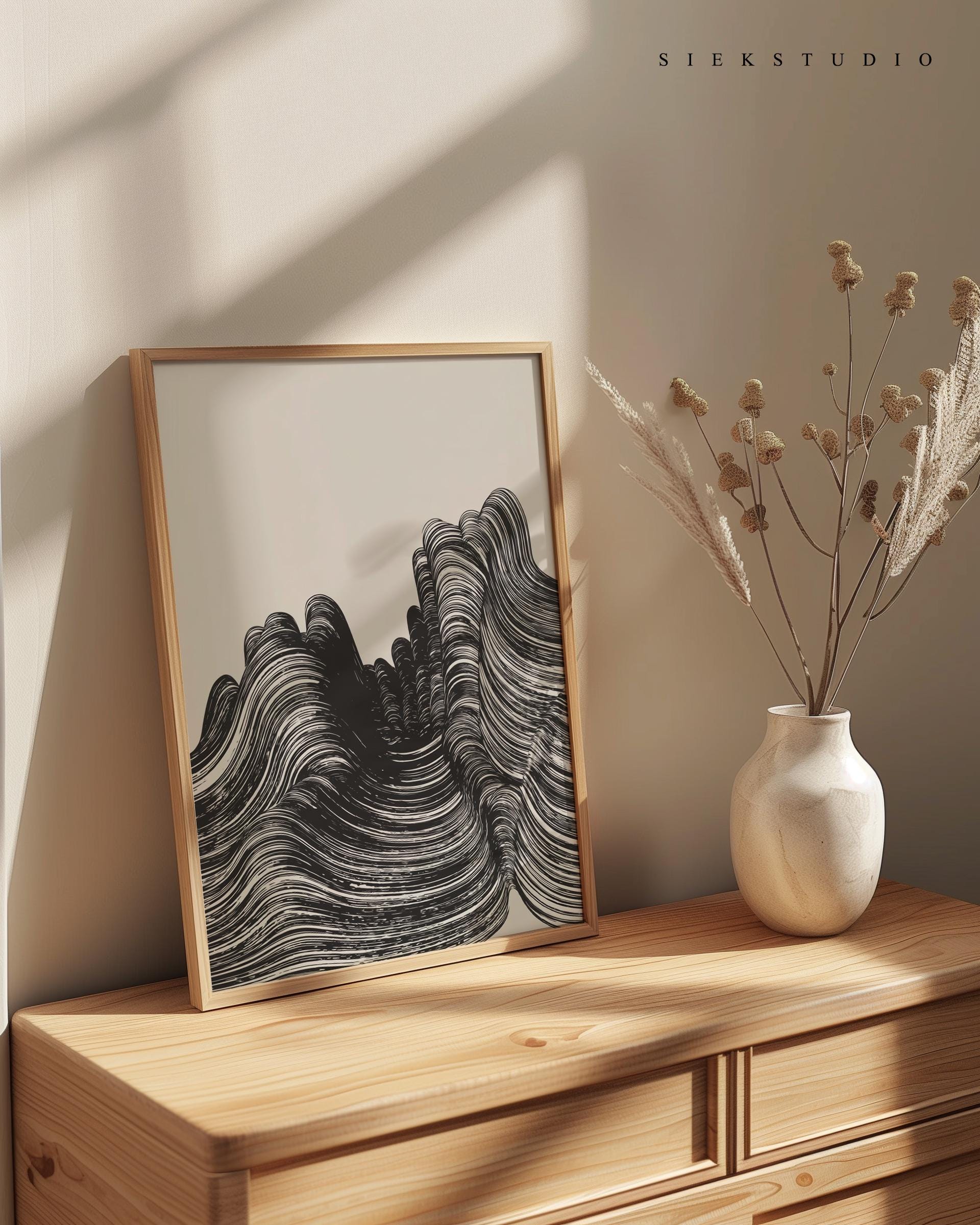 Modern Abstract Line Art, Minimalist Black Wave Pattern Drawing Art ...