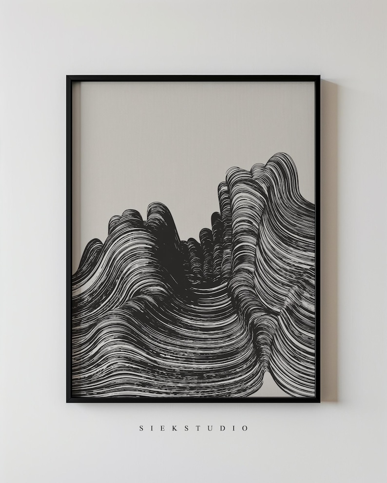 Modern Abstract Line Art, Minimalist Black Wave Pattern Drawing Art ...