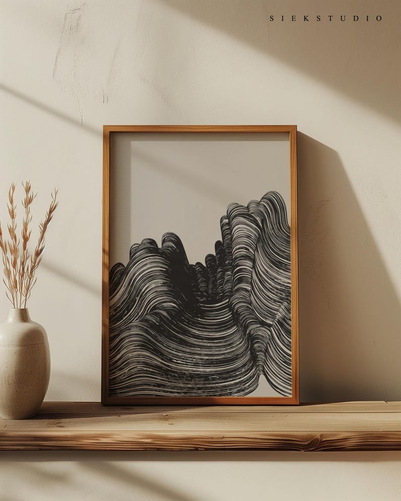 Modern Abstract Line Art, Minimalist Black Wave Pattern Drawing Art ...