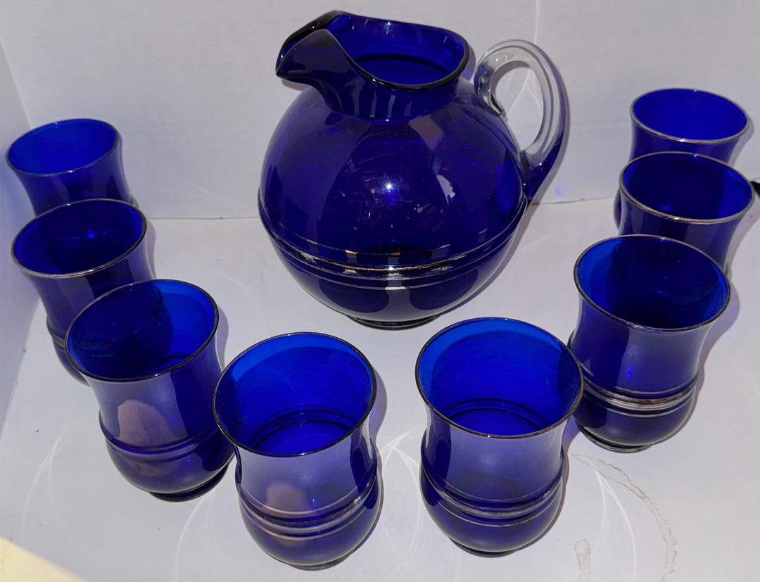 Vintage Antique Italian Made Cobalt Blue Glass Ball Pitcher and 8 Glass ...