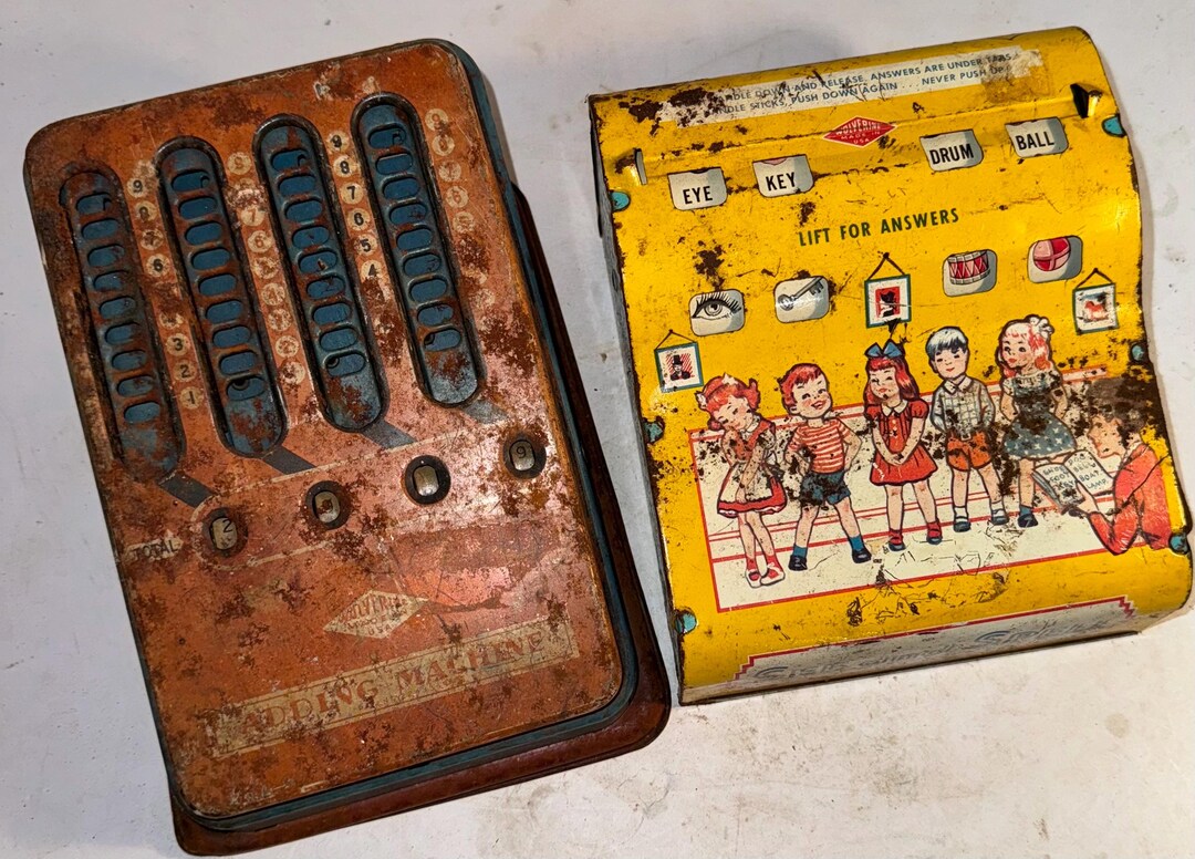 Vintage 1950s Tin See and Spell and Adding Machine Toy Lot Made by the ...