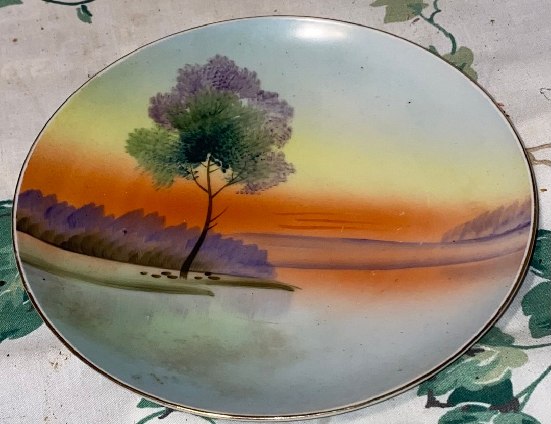 Vintage Meito China Hand Painted Dish Decorative Sunset Beach Purple ...