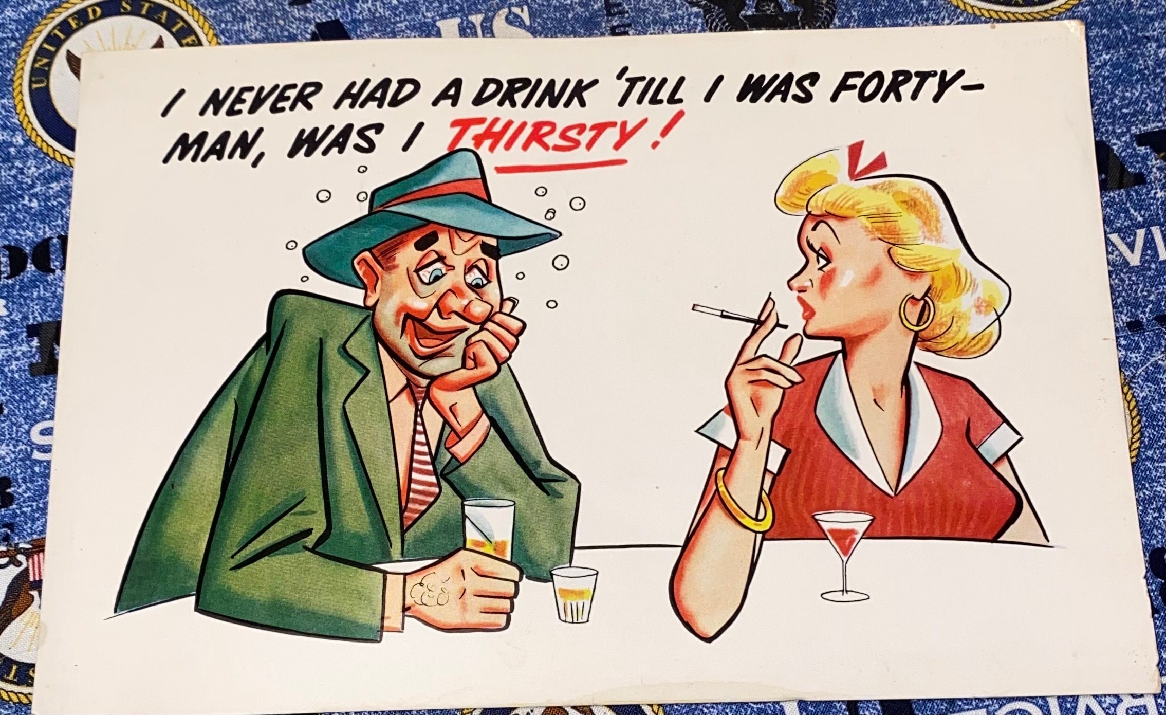 Vintage 9" X 6" Jumbo LAFF Card Postcard Drunk Talking to Woman With ...