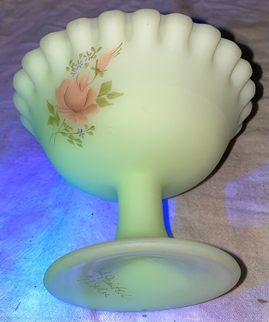 Fenton Uranium Satin Custard Glass Hand Painted Ruffled Pedestal ...
