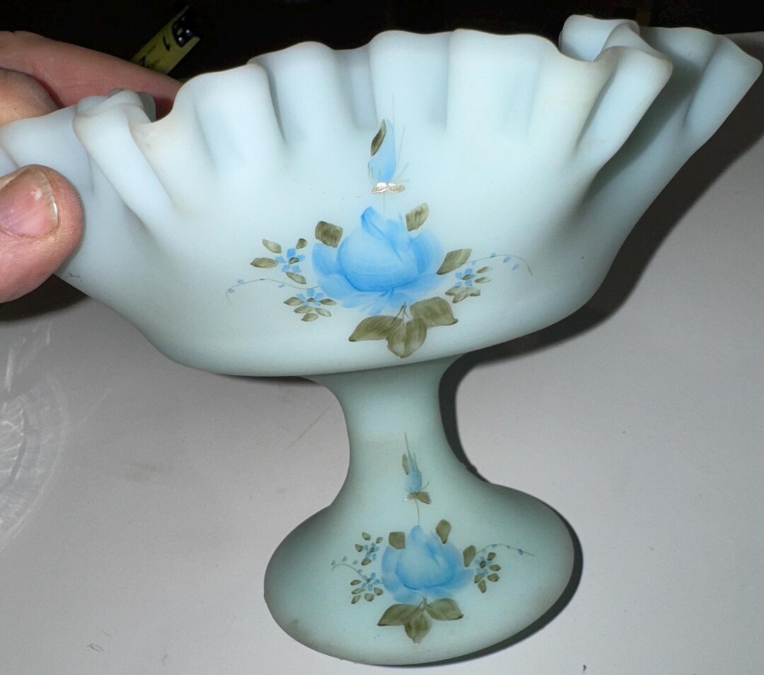 Vintage Fenton Blue Custard Glass Satin Hand Painted Ruffled Edge ...