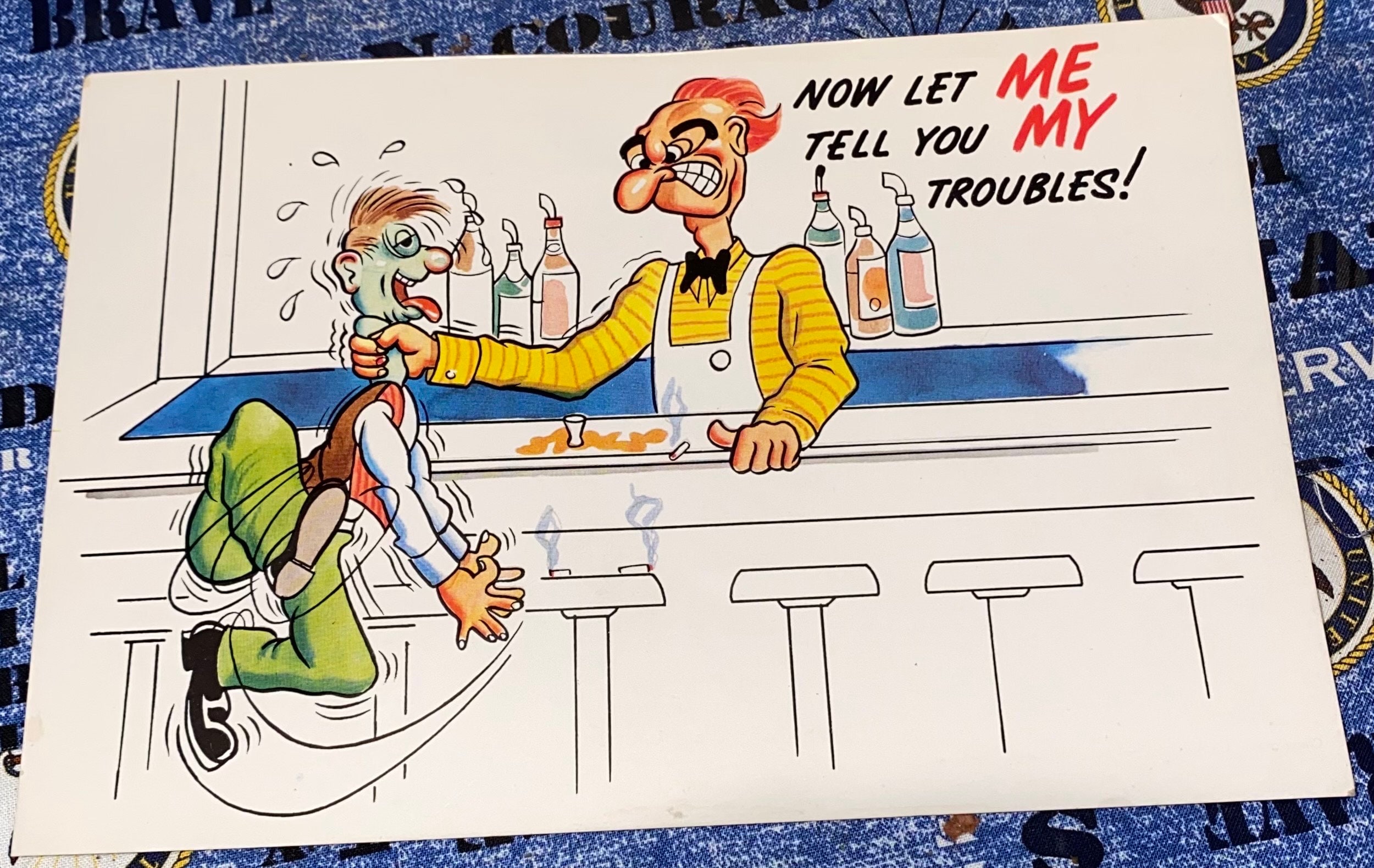 Vintage 9" X 6" JUMBO LAFF Card Postcard Bartender to Drunk Now Let Me ...