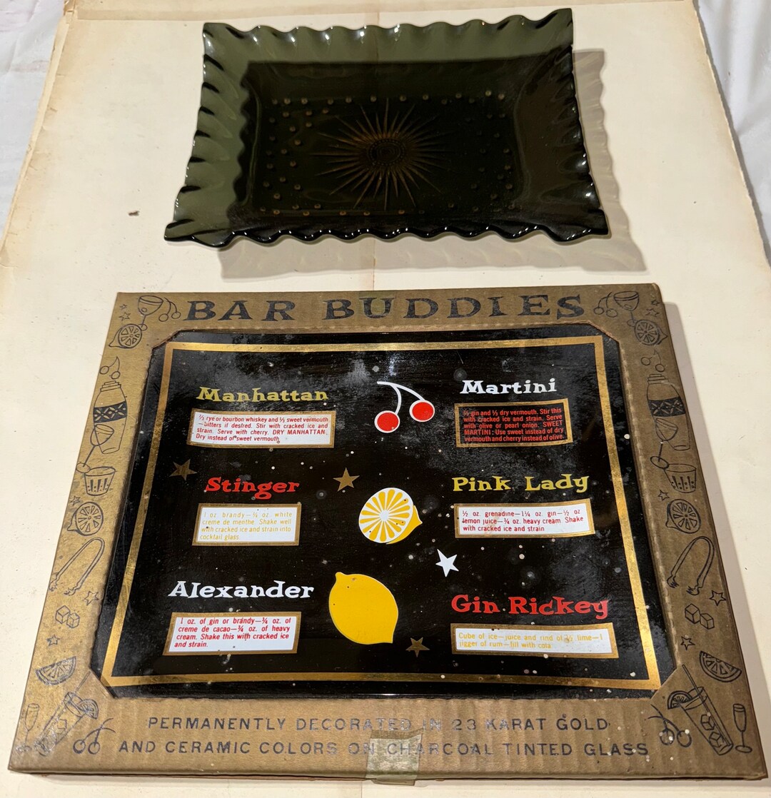 Vintage Bar Buddies Mint in Box Cocktail Recipes Glass Tray and Retro ...