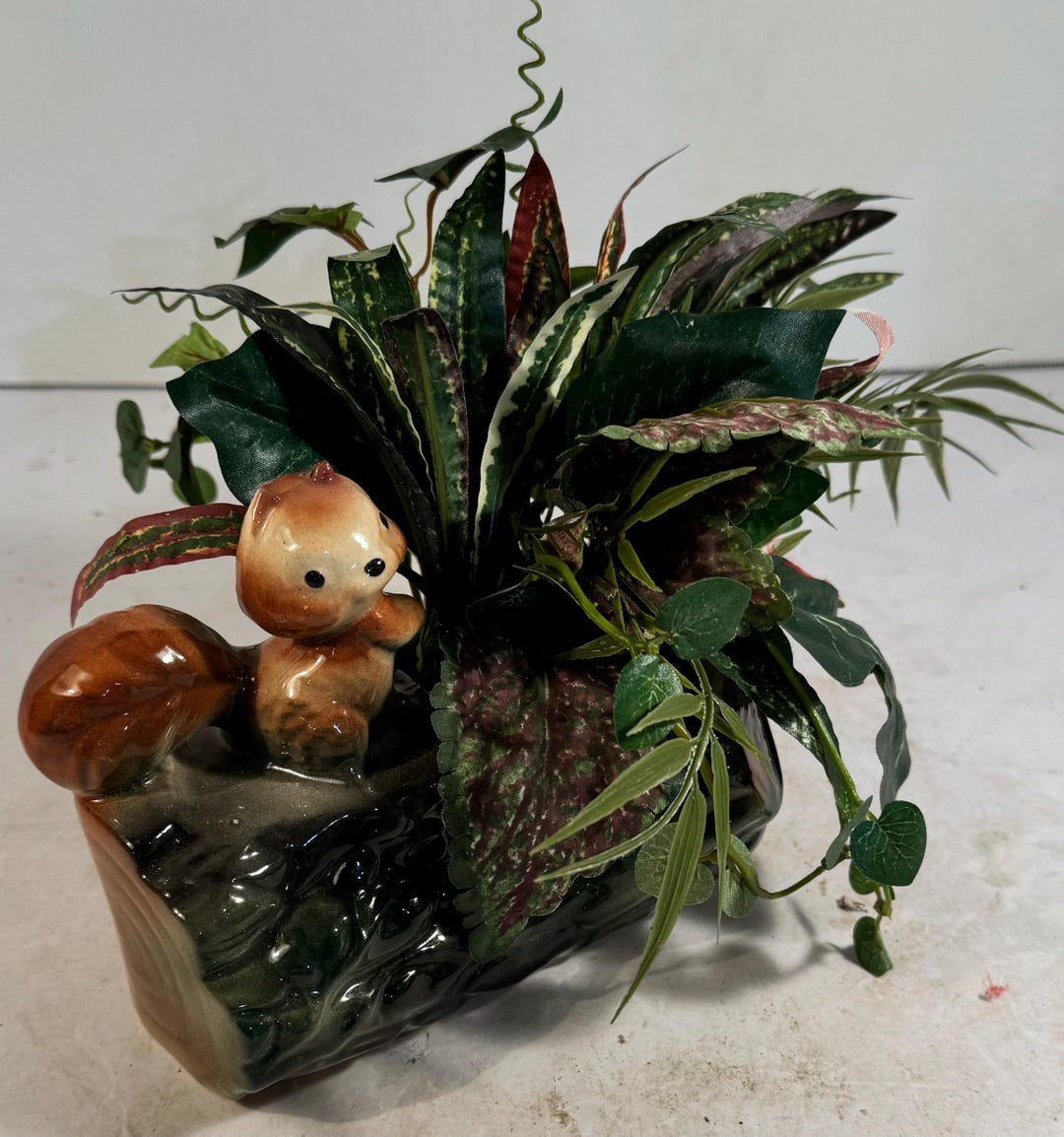 Vintage BRUSH POTTERY Squirrel on A Log Planter 1950’s With Plastic ...