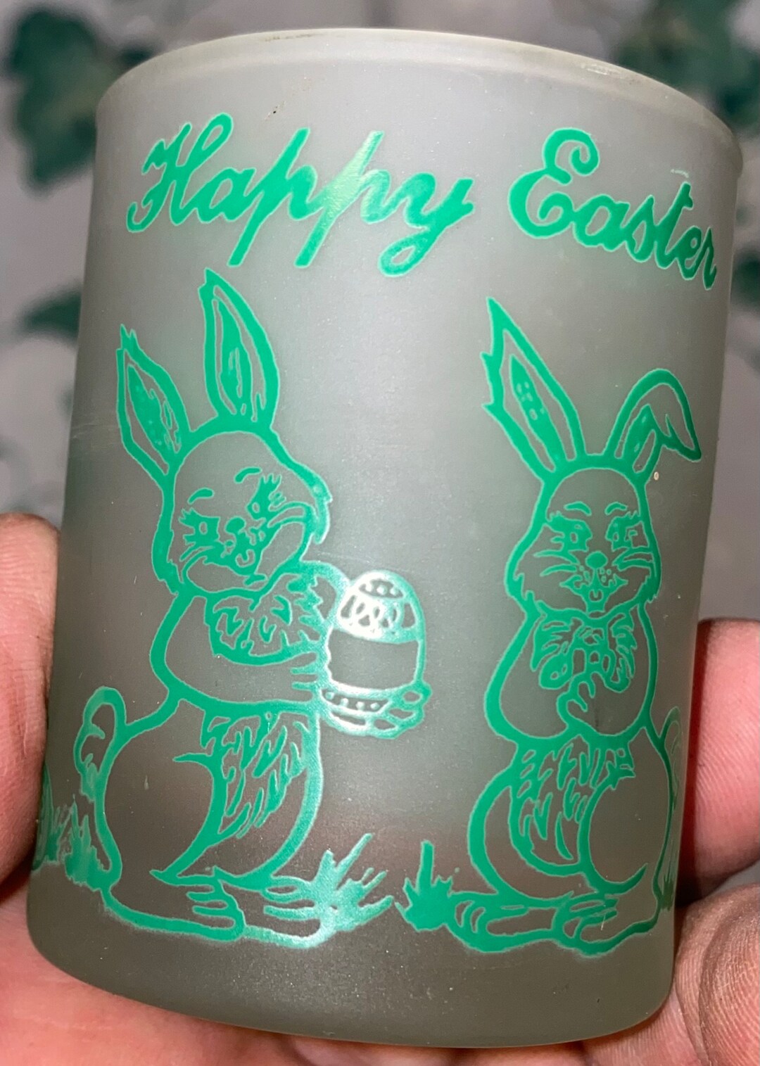 Vintage Frosted Viking Glass With Green Applied Happy Easter Votive ...