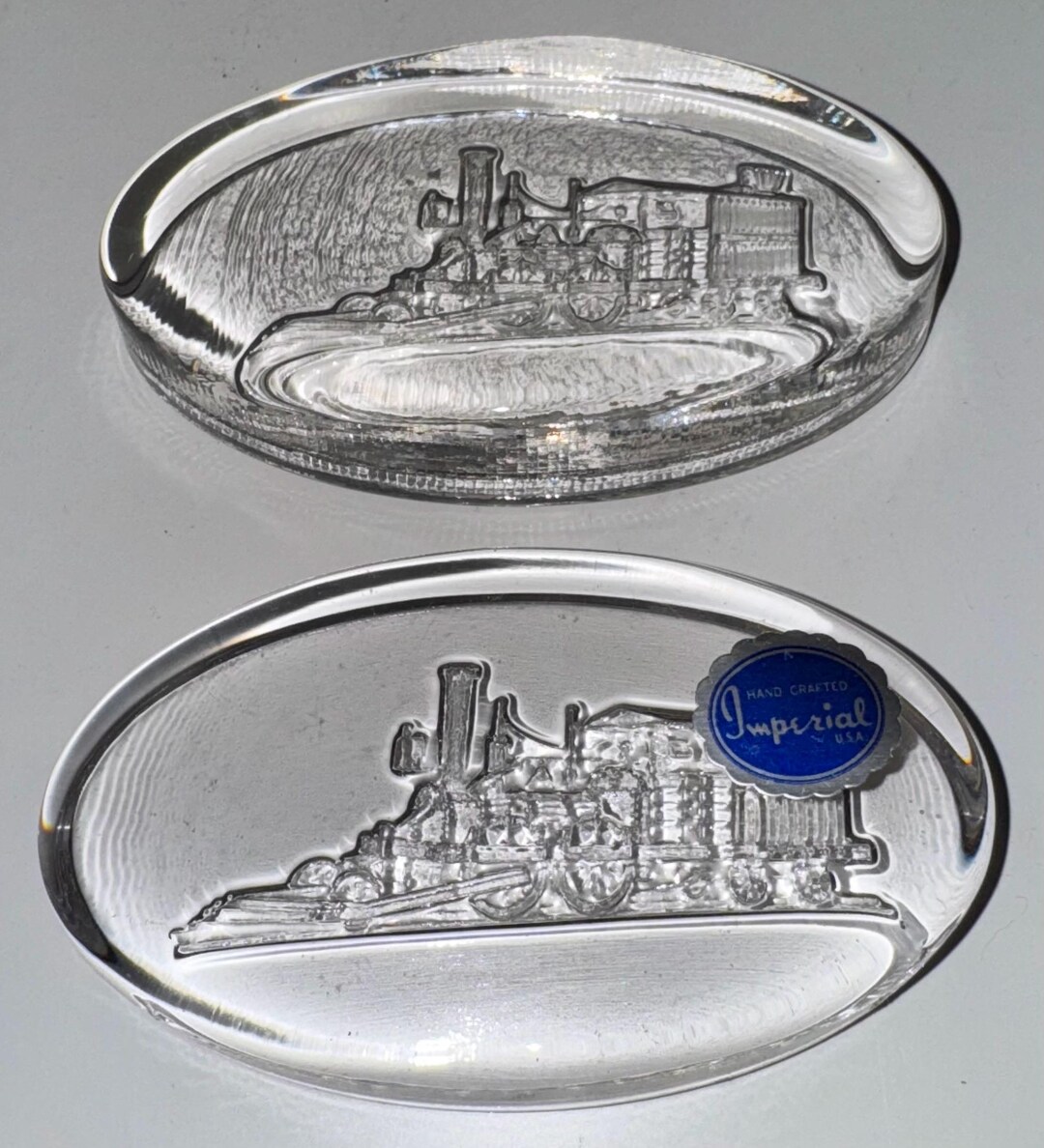 Clear Glass Flat Oval Paperweight Steam Railroad Engine Vintage Great ...