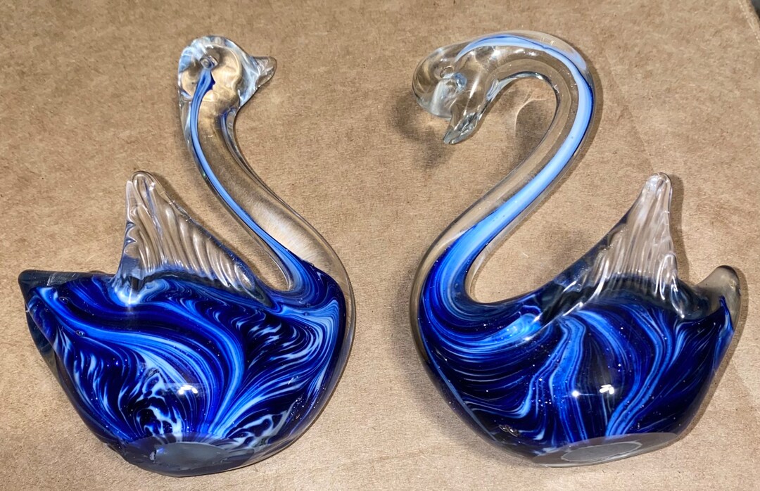 Set of 2 Hand Blown Art Glass Swan Figurines Blue & White Swirl Glitter ...