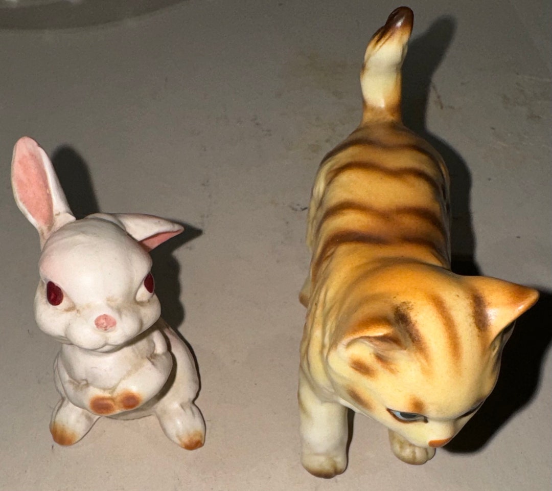 Vintage Lefton White Rabbit Sitting up on Hind Quarters and Tabby Cat ...