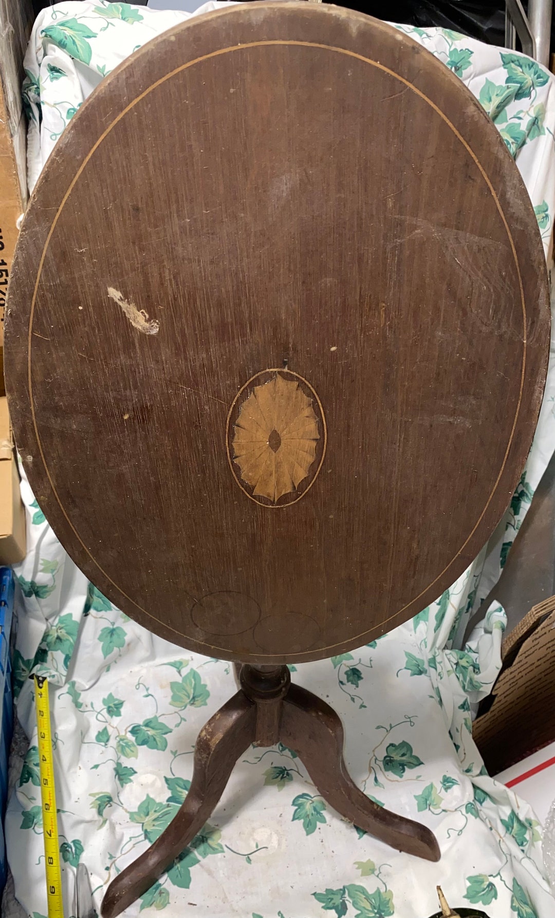 Antique Art Deco Walnut Pinwheel Inlaid Oval Tilt Top Side End Table ...