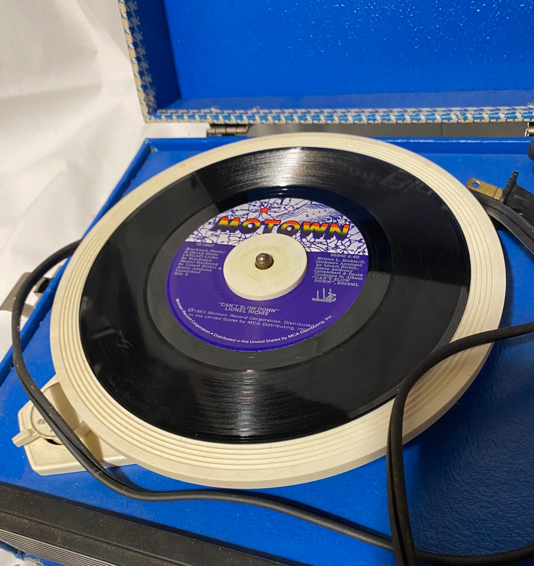 Vintage Vtg Emerson Big Portable Phono Blue White Plaid Record Player ...