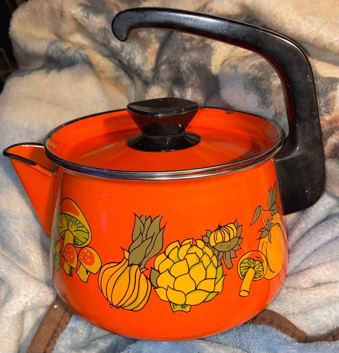 1960 MCM Orange Enamel Stove Tea Kettle Vintage Cera-met Teapot Retro ...