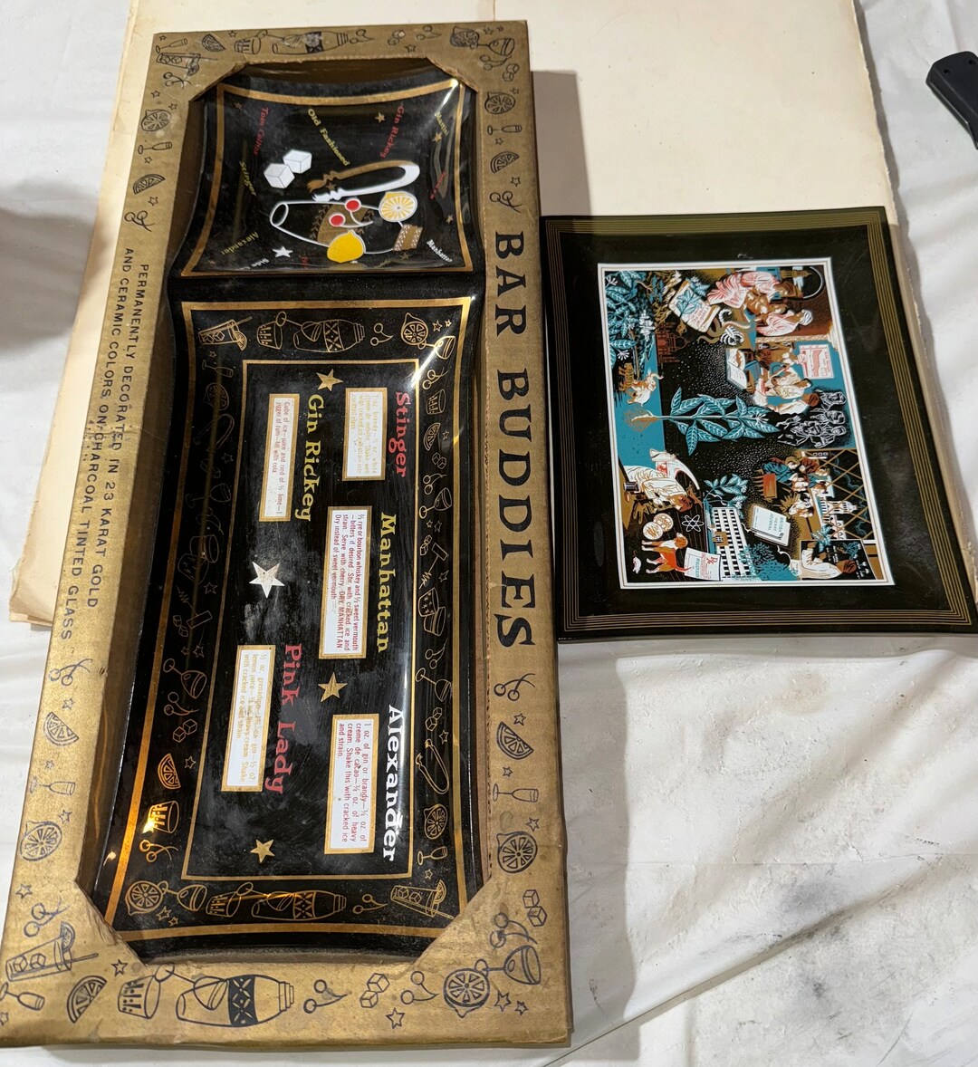 Vintage Bar Buddies Mint in Box Cocktail Recipes Glass Tray and Retro ...