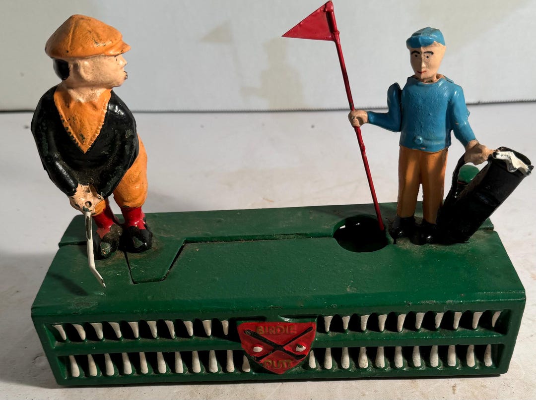 Vintage Cast Iron Golf Birdie Putt Mechanical Coin Money Bank HEAVY ...