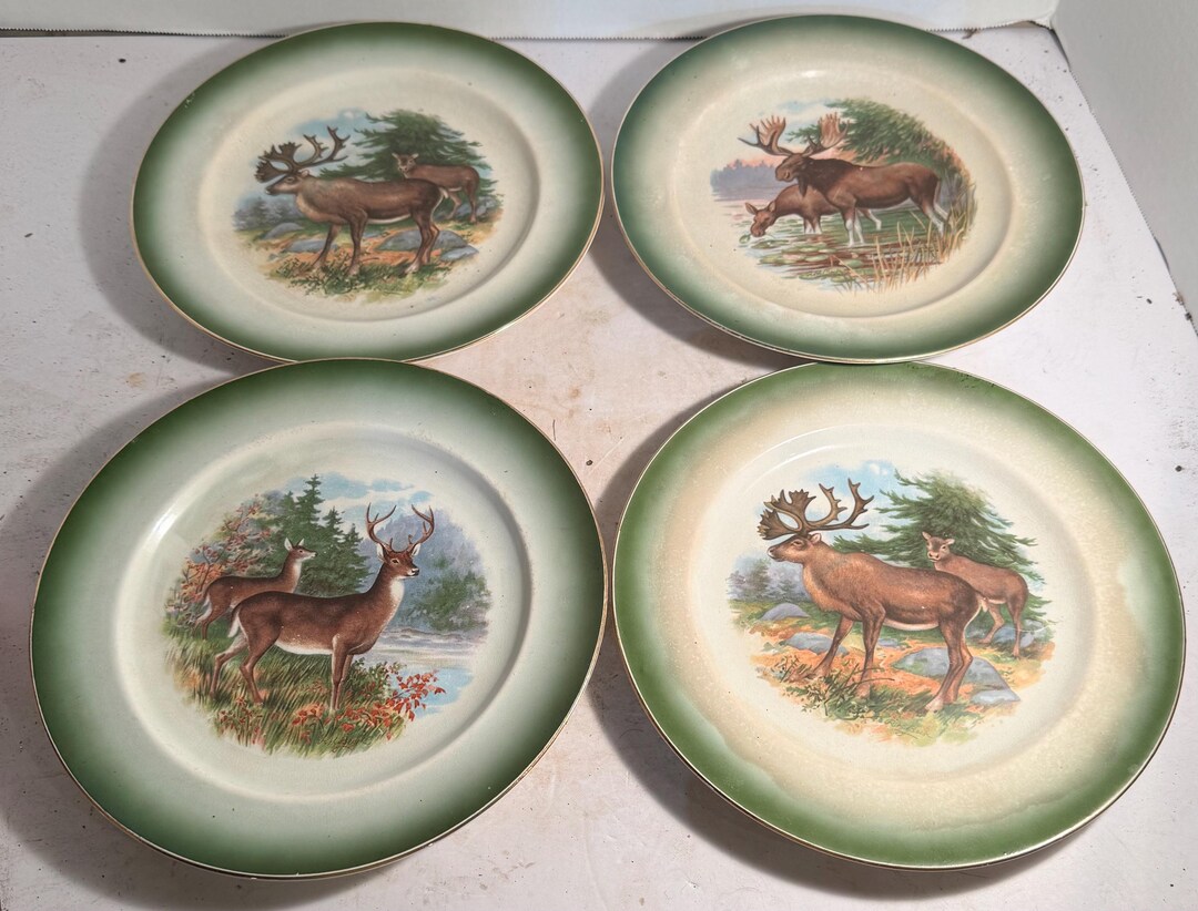 4 Antique Buffalo Pottery White Tail Deer Moose Caribou Plates Lot - Etsy
