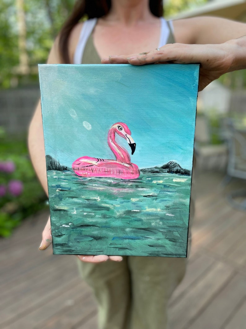 7x 9 Hand Painted Acrylic Canvas of a Flamingo Raft Floating in the ...