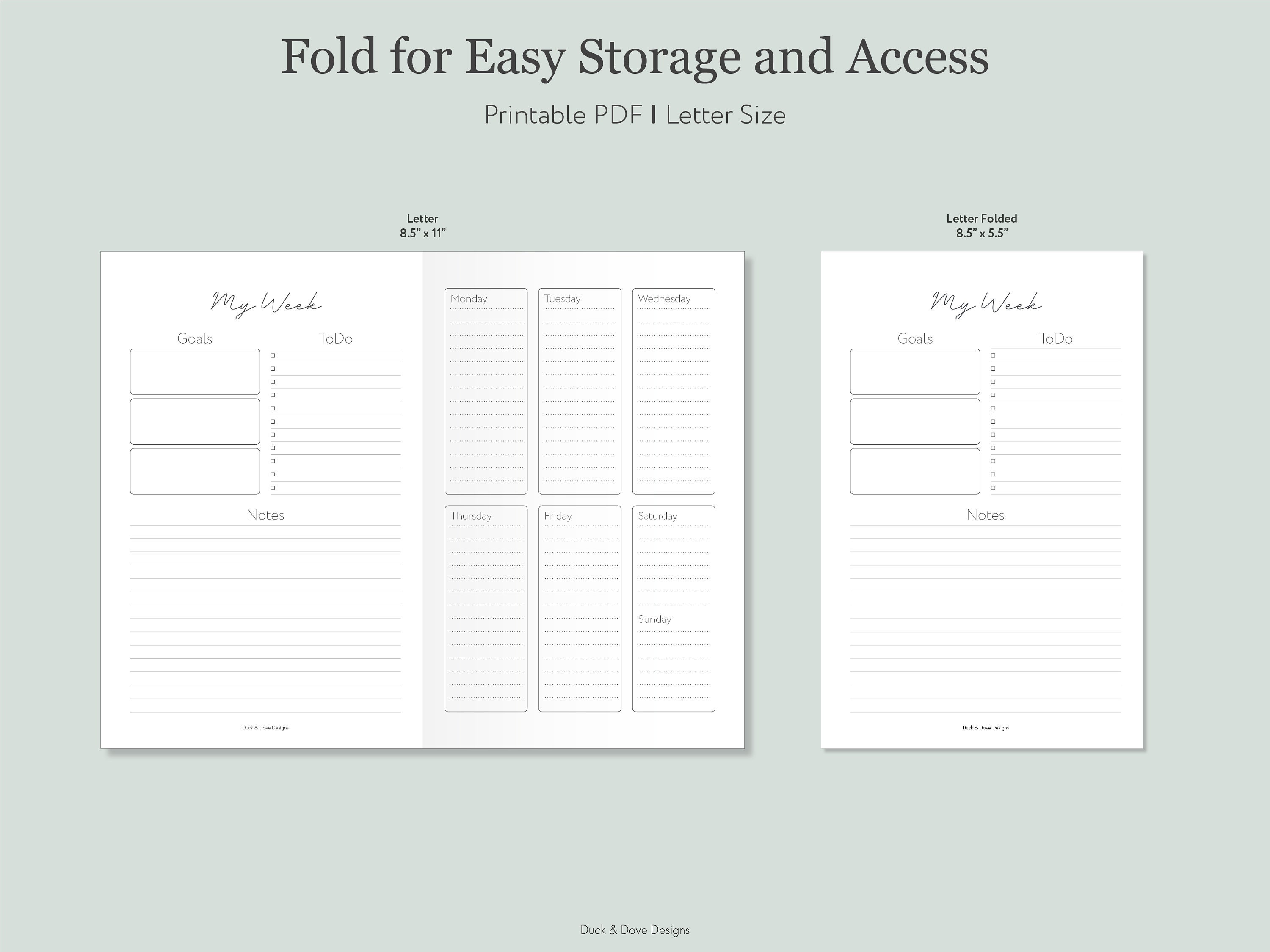 Undated Weekly Planner Foldable Printable With Notes, To-do's and Goals ...