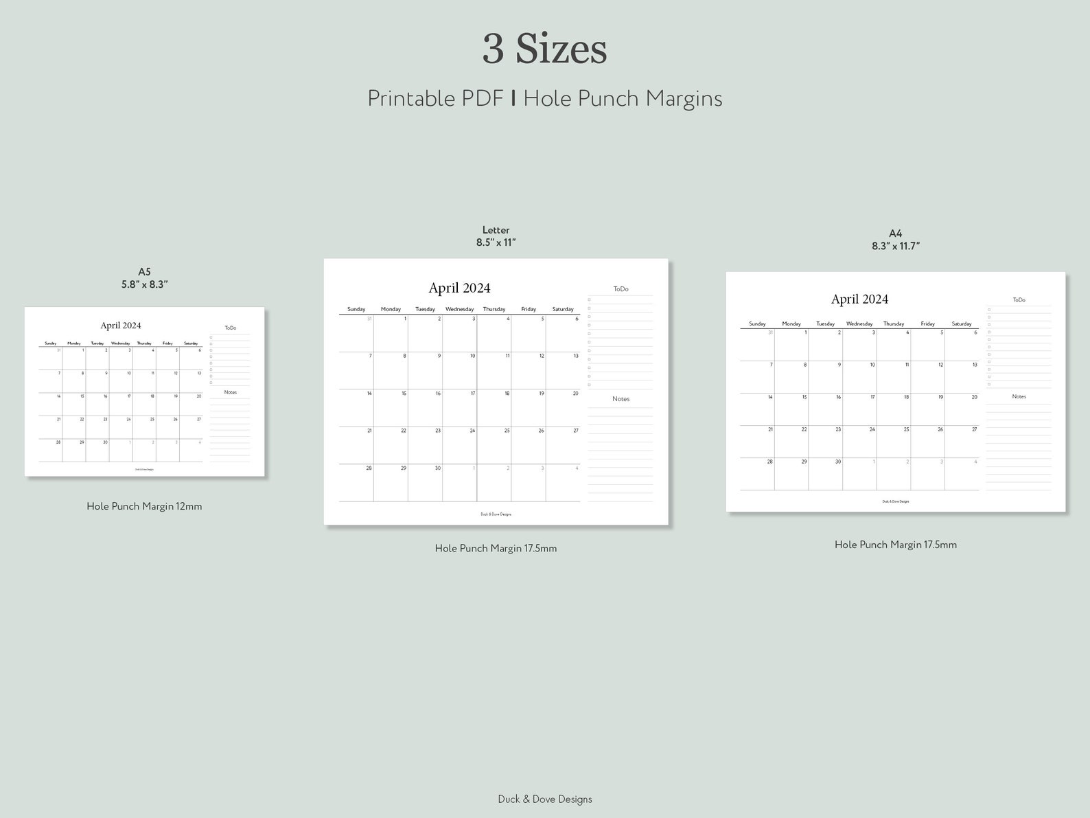 2024 Printable Monthly Calendar Horizontal in A4, A5 and Letter Sizes ...