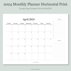 2024 Printable Monthly Calendar Horizontal in A4, A5 and Letter Sizes ...