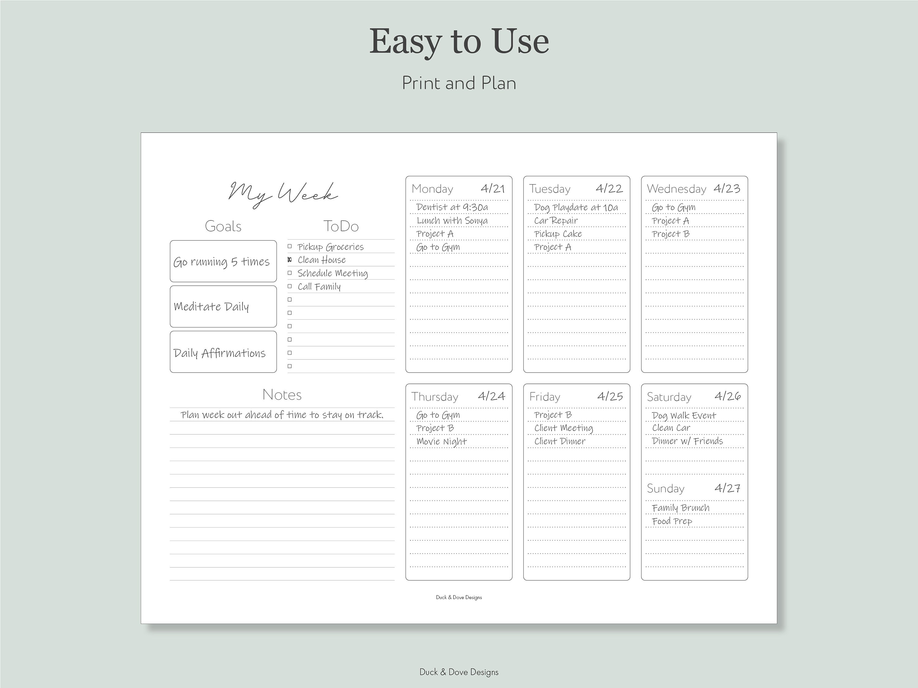 Undated Weekly Planner Horizontal Printable With Notes, To-do's and ...