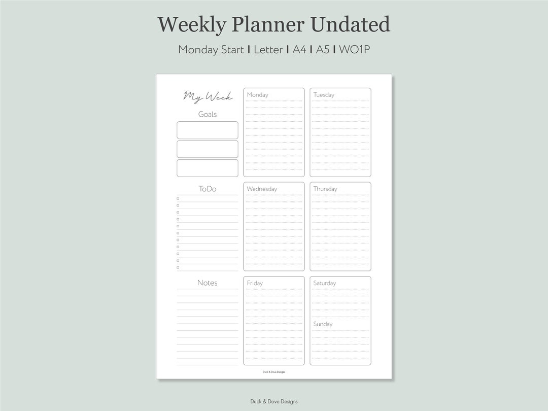 Undated Weekly Planner Vertical Printable With Notes, To-do's and Goals ...