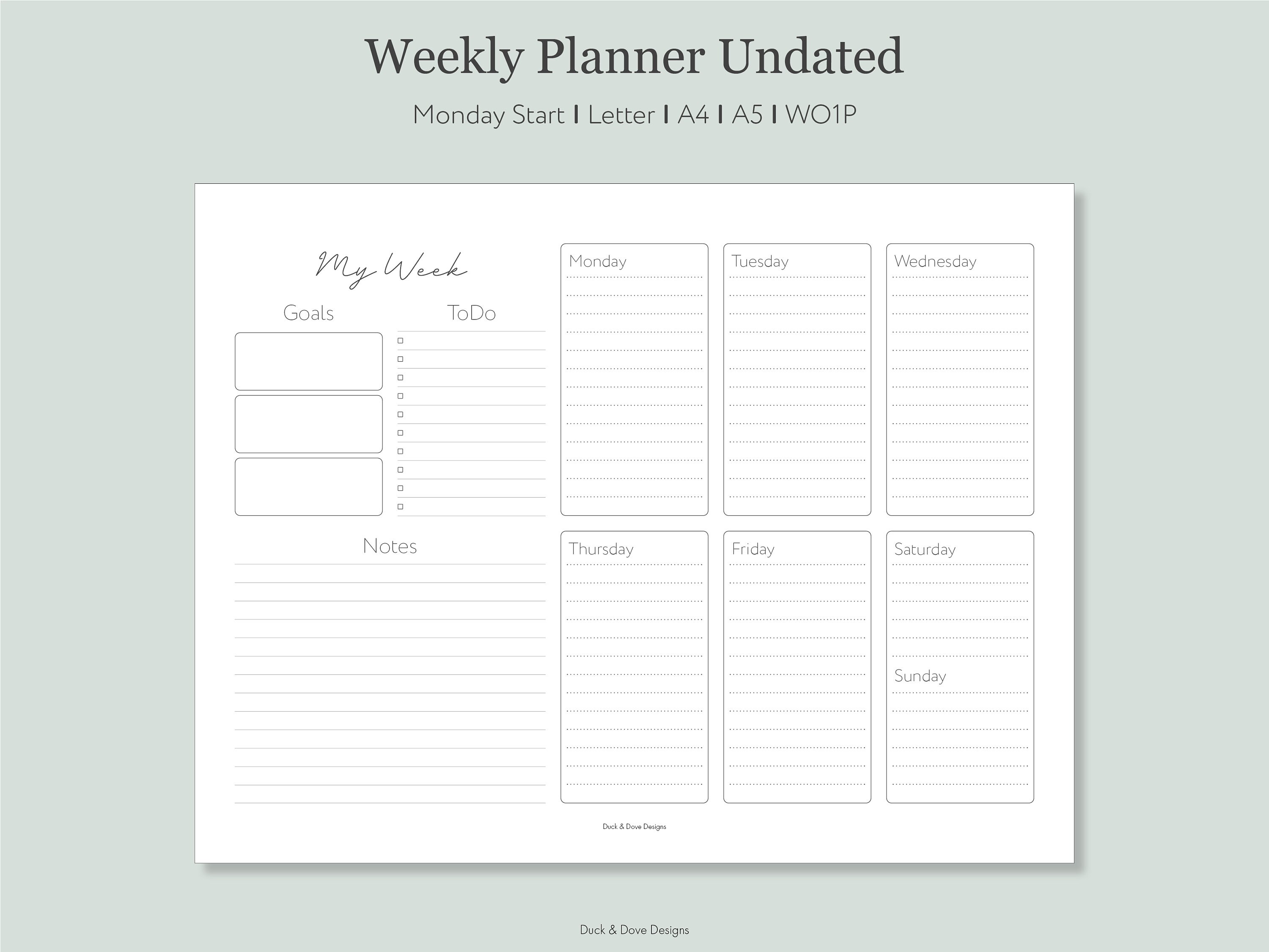 Undated Weekly Planner Horizontal Printable With Notes, To-do's and ...