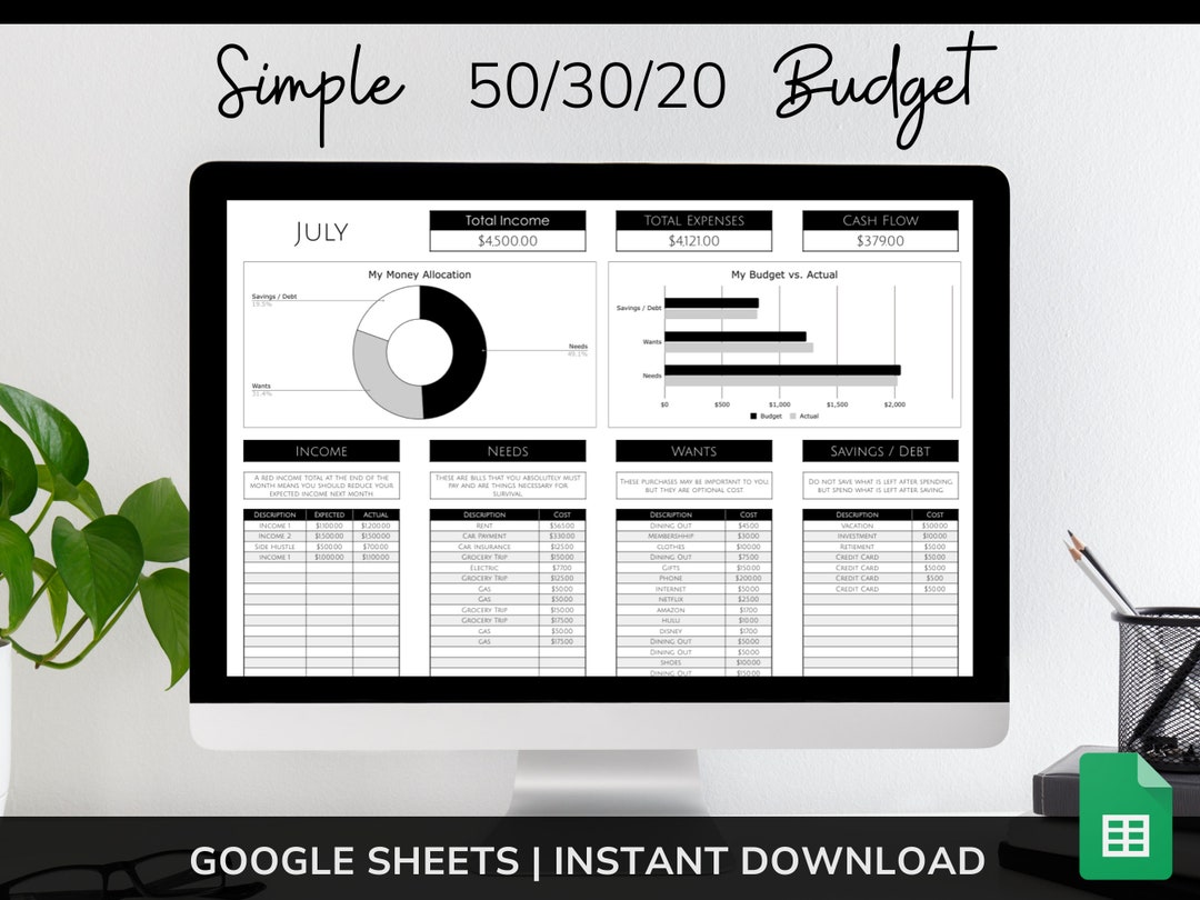 50/30/20 Budget Spreadsheet, Google Sheets, Monthly Budget Template ...