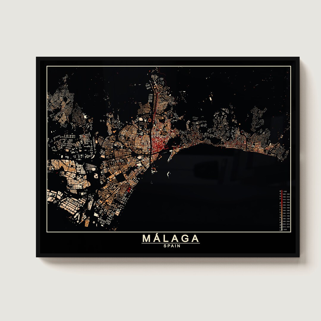 Málaga City Map | Catastro Black | Construction Year | City Map Print ...